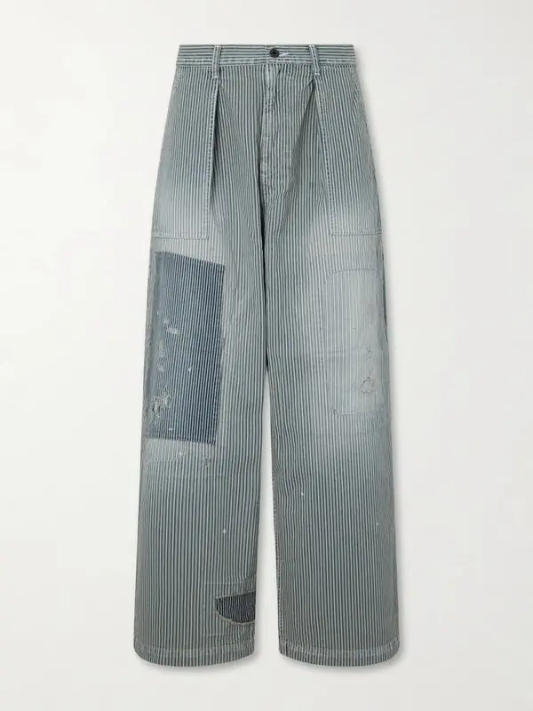 Kapital Liberty Hicoree Fatigue Wide-leg Striped Distressed Patchwork Cotton-twill Trousers - Blue