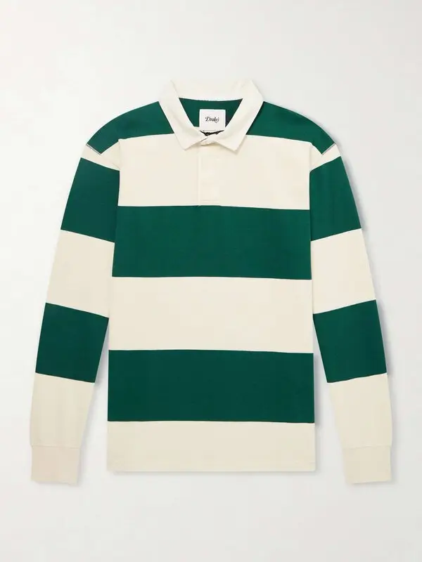DRAKE'S Stripe Cotton-jersey Polo Shirt