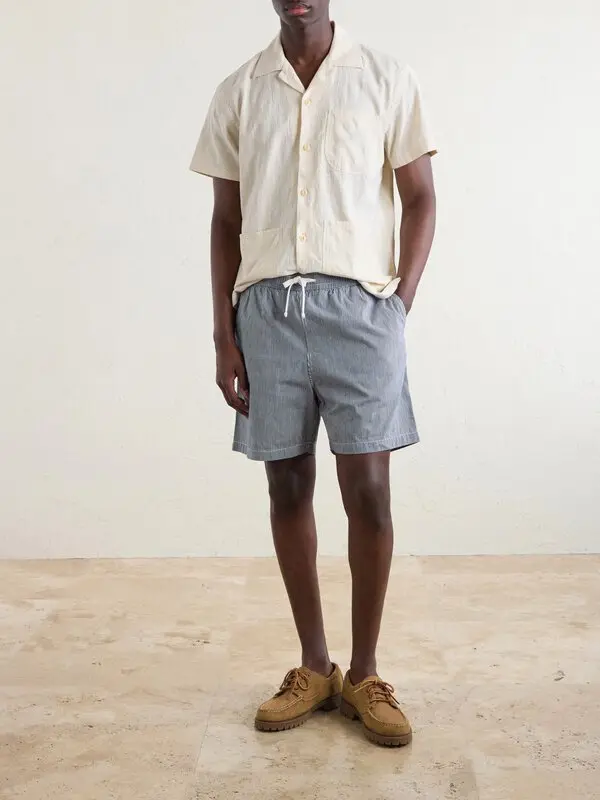 DRAKE'S Straight-leg Striped Cotton Drawstring Shorts