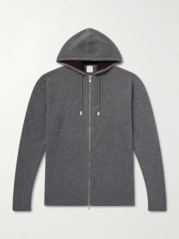 Eleventy Ribbed Cashmere Zip-up Hoodie - Gray