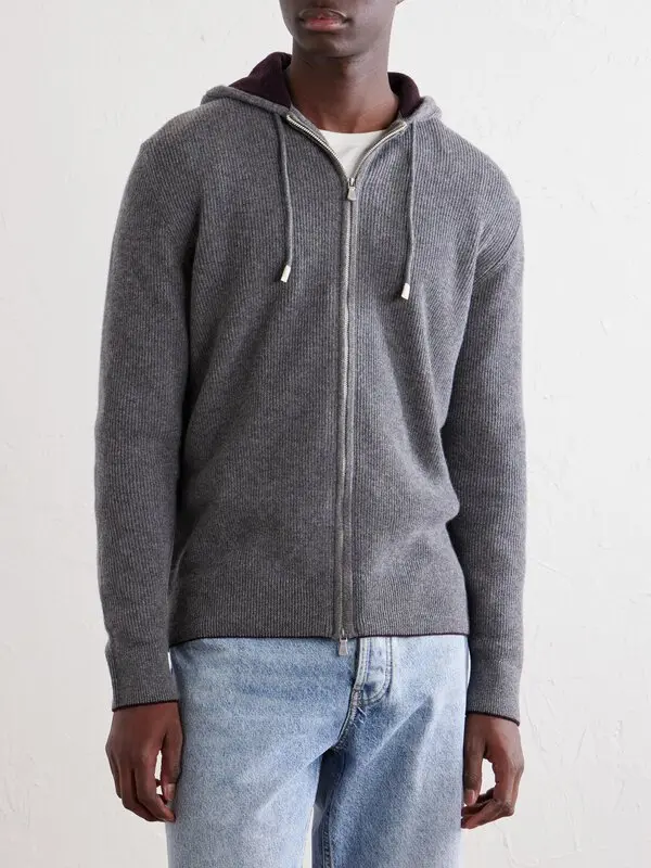 Eleventy Ribbed Cashmere Zip-up Hoodie