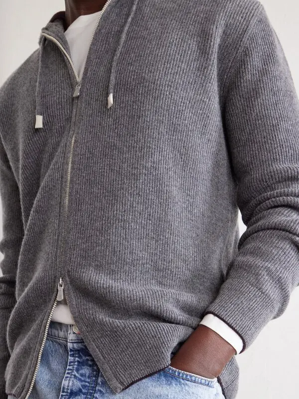 Eleventy Ribbed Cashmere Zip-up Hoodie