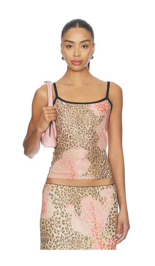 WITH HARPER LU Mesh Camisole Top In Brown