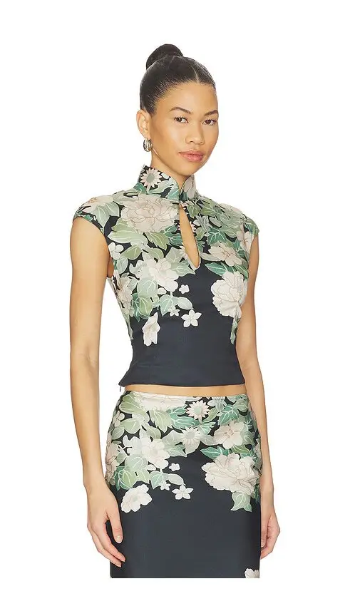 SAU LEE Dara Top Floral Print Cropped Top With Cut-out Detail
