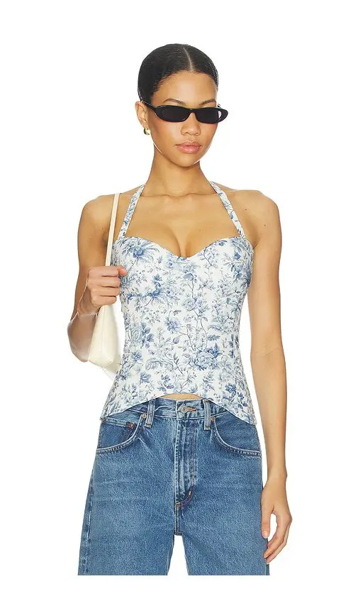 V. CHAPMAN Carrie Corset Halter Top Floral Print Boned Bodice