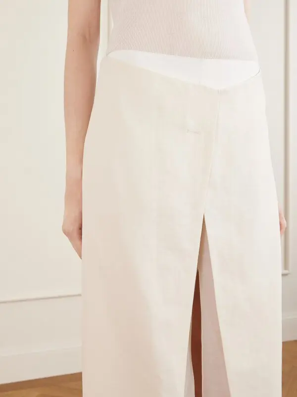 Khaite Tal' Textured Linen Midi Skirt With Front Slit