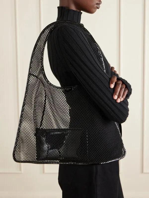 Alaïa Crocheted Shoulder Bag With Patent Leather Trim - Black
