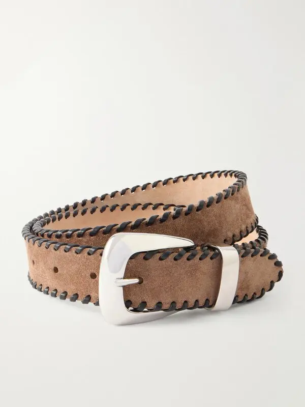 Khaite Benny Suede Belt With Leather Trim And Silver-tone Buckle - Neutrals