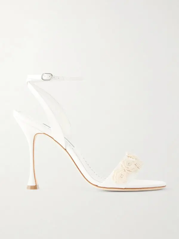 Manolo Blahnik Raosnu 105 Crochet-trimmed Leather Stiletto Sandals - White