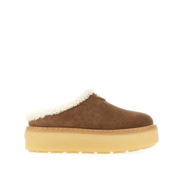 Prada Shearling Suede Sabot With Triangle Logo - Brown