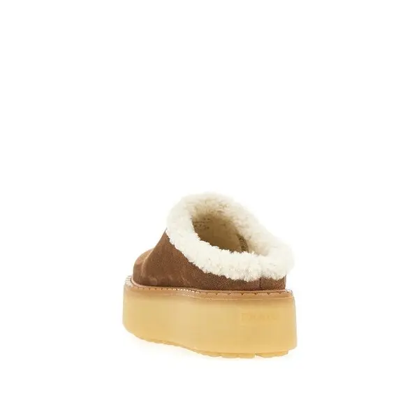Prada Shearling Suede Sabot With Triangle Logo - Brown