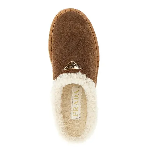 Prada Shearling Suede Sabot With Triangle Logo - Brown