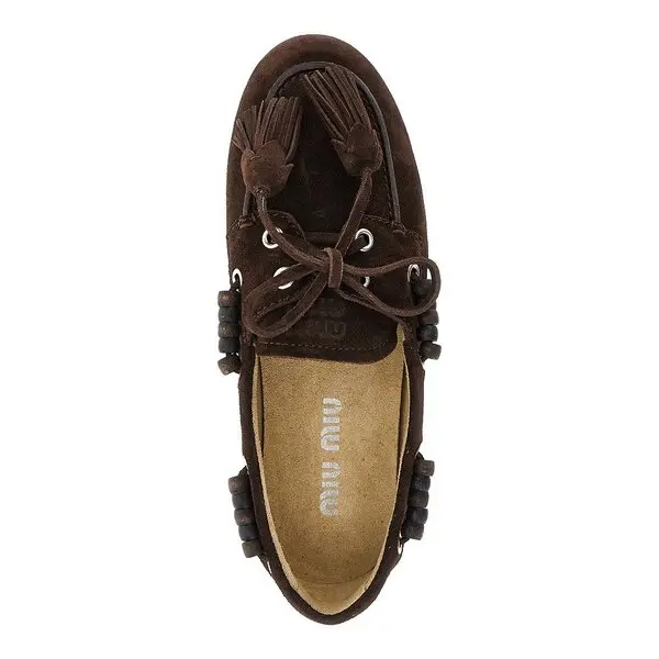 Miu Miu Suede Leather Deck Loafers With Tassels And Wooden Beads - Brown