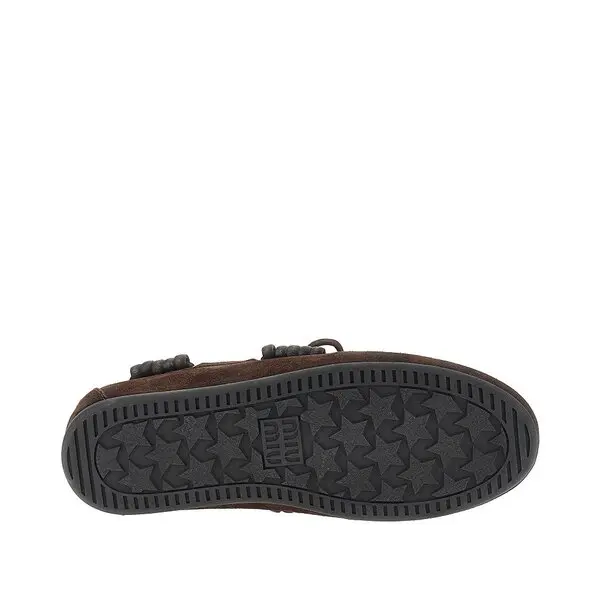 Miu Miu Suede Leather Deck Loafers With Tassels And Wooden Beads - Brown