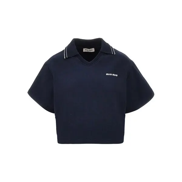 Miu Miu Cropped Sweatshirt With Collared Neckline And Logo Embroidery - Blue