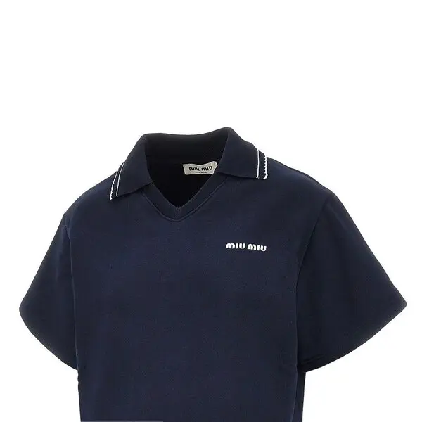 Miu Miu Cropped Sweatshirt With Collared Neckline And Logo Embroidery - Blue
