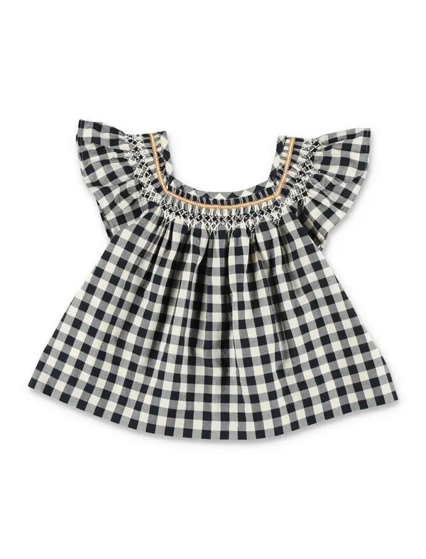 Bonpoint Checkered Mini Dress With Ruffled Sleeves - Grey
