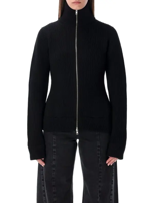 MAISON MARGIELA Ribbed Wool High Neck Zip-up Cardigan - Black