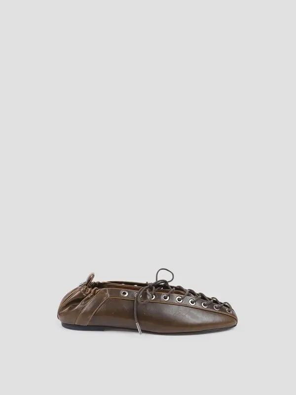 GANNI Classic Ballerina Flats With Lace-up Detailing - Dark Olive