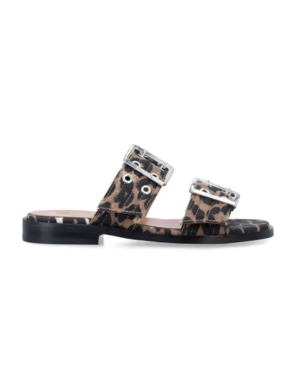 GANNI Leopard Print Buckle Two-strap Flat Sandals - Brown