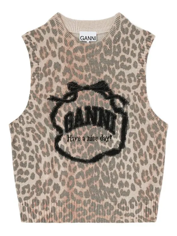 GANNI Ribbed Neck Animal Print Graphic Vest - Beige