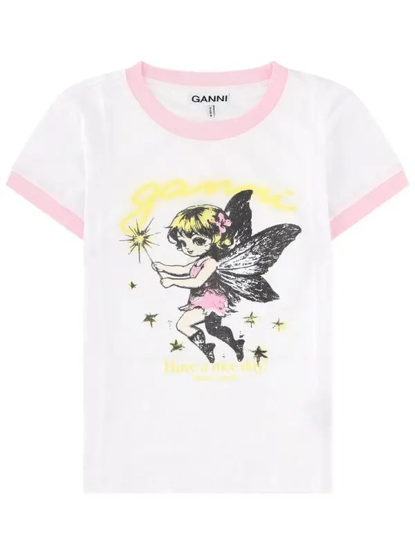 GANNI Graphic Cotton T-shirt With Contrast Trim - White