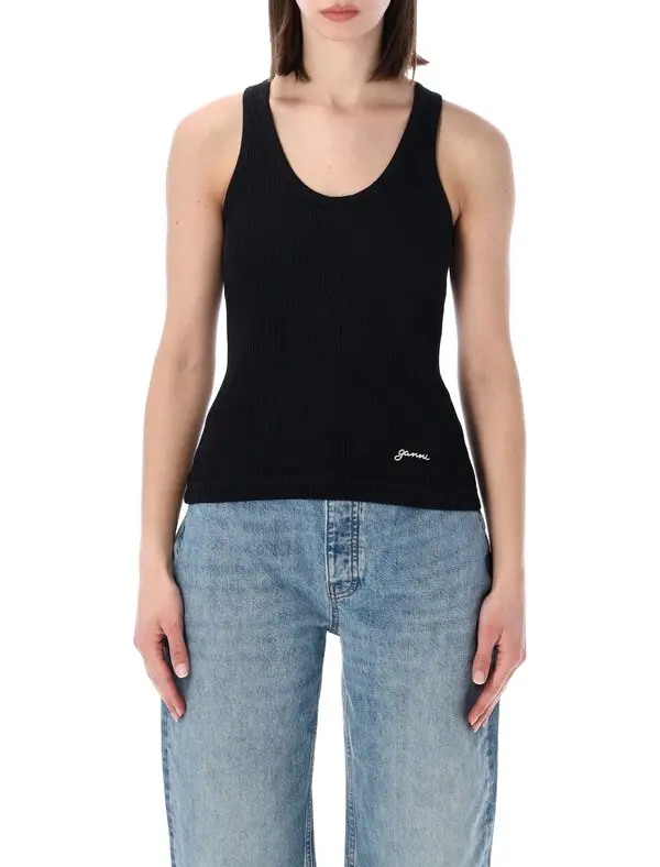 GANNI Ribbed Organic Cotton Tank Top - Black