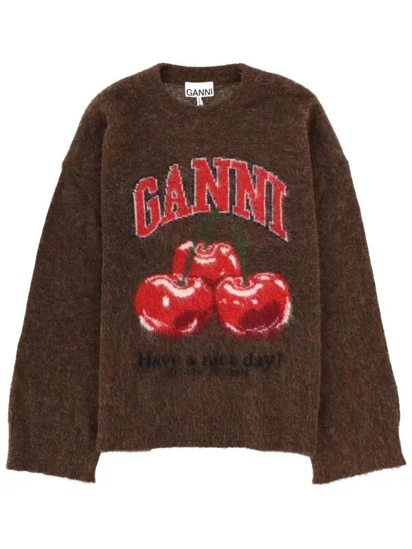 GANNI Graphic Cherry Alpaca Blend Sweater - Brown