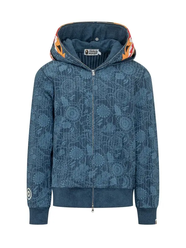 A BATHING APE Zip Front Japanese-inspired Floral Sweatshirt - Indigo