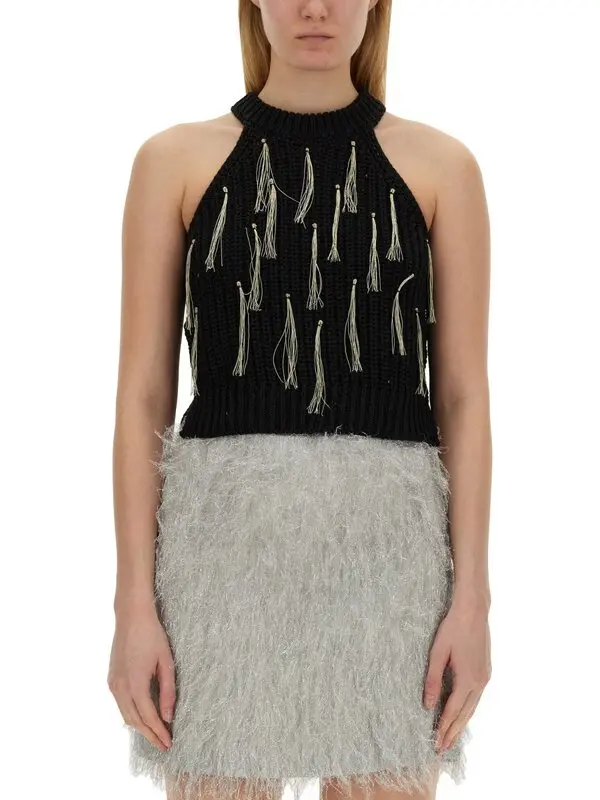 ALYSI Fringe Detail Halter Neck Top - Black