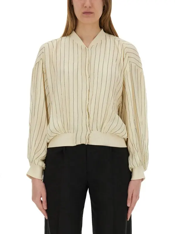 ALYSI Silk Bomber Jacket With Pin Stripes - Ivory