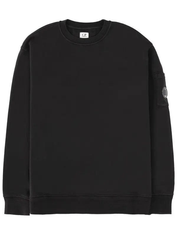 C.P. COMPANY Cotton Diagonal Fleece Resist Dyed Crewneck Lens Sweatshirt - Black