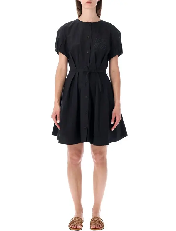 Loewe Mini Shirt Dress With Self-tie Belt And Embroidered Anagram - Nero