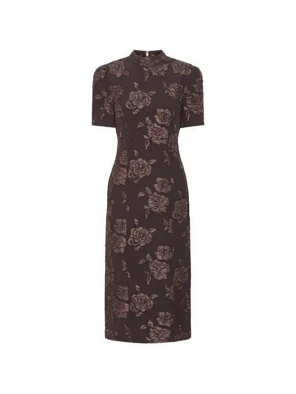 ROTATE BY BIRGER CHRISTENSEN Floral High Neck Jacquard Midi Dress - Marrone