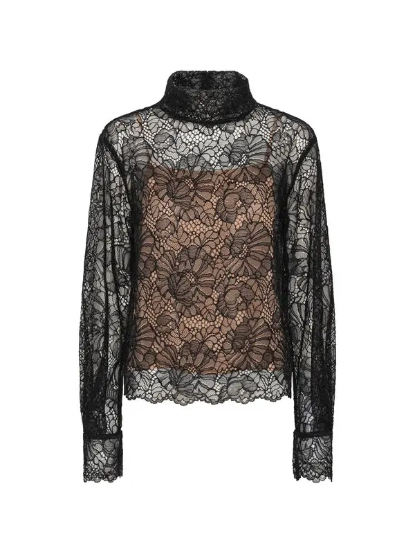 ROTATE BY BIRGER CHRISTENSEN Black Lace High Neck Blouse With Voluminous Sleeves - Nero