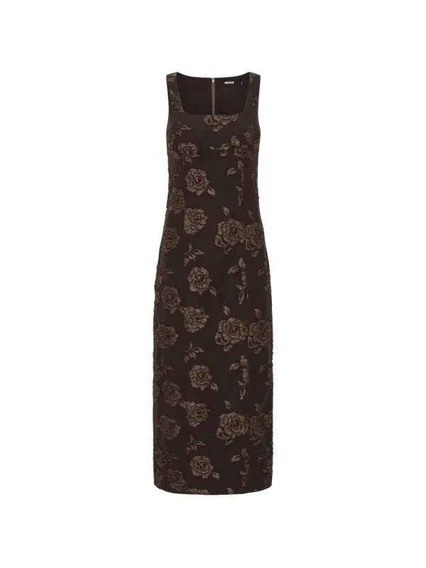 ROTATE BY BIRGER CHRISTENSEN Sleeveless Square Neck Floral Jacquard Midi Dress - Marrone