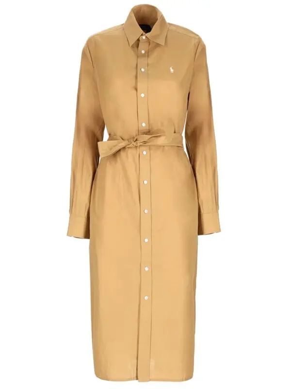 Polo Ralph Lauren Cotton And Linen Shirt Dress With Belt - Beige