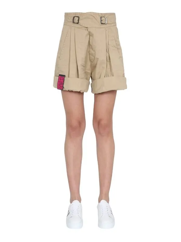 Dsquared2 Cargo Cotton Shorts With Buckled Waist - Beige