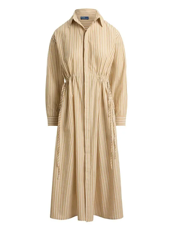 Polo Ralph Lauren Striped Cotton Linen Shirt Dress With Drawstring Ties - Beige