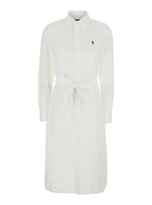 Polo Ralph Lauren Long-sleeve Cotton-linen Shirt Dress With Adjustable Waistband - White