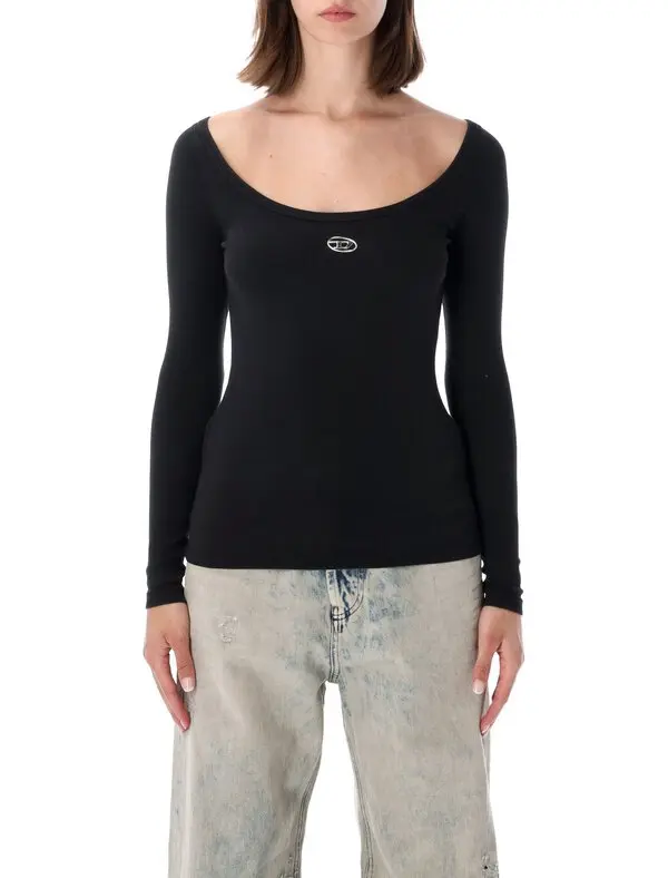 DIESEL® Black Cotton Elastane Scoop Neck Long Sleeve T-shirt - Nero