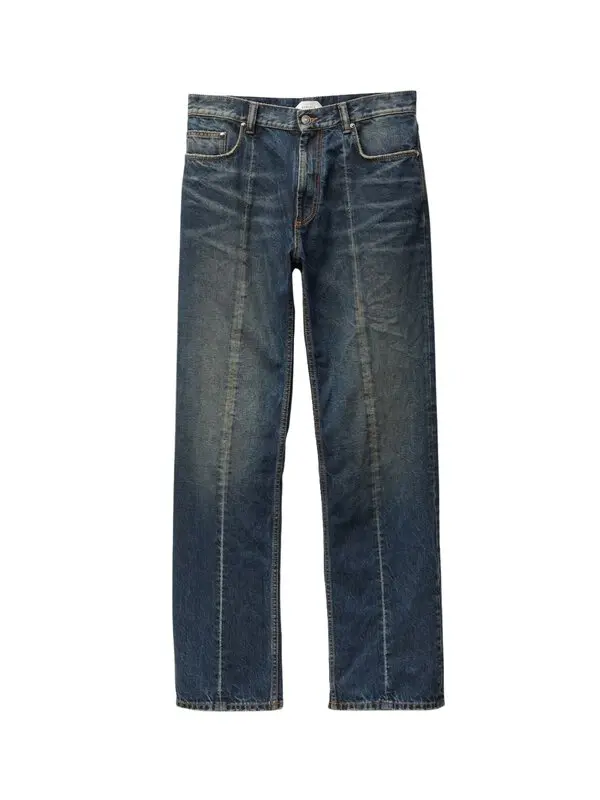 Versace Distressed Cotton Jeans With Medusa Accent - Navy