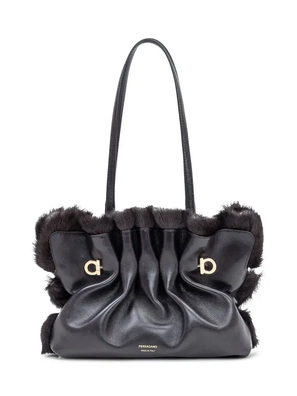 FERRAGAMO Soft Leather Tote Bag With Fur Trim - Moro