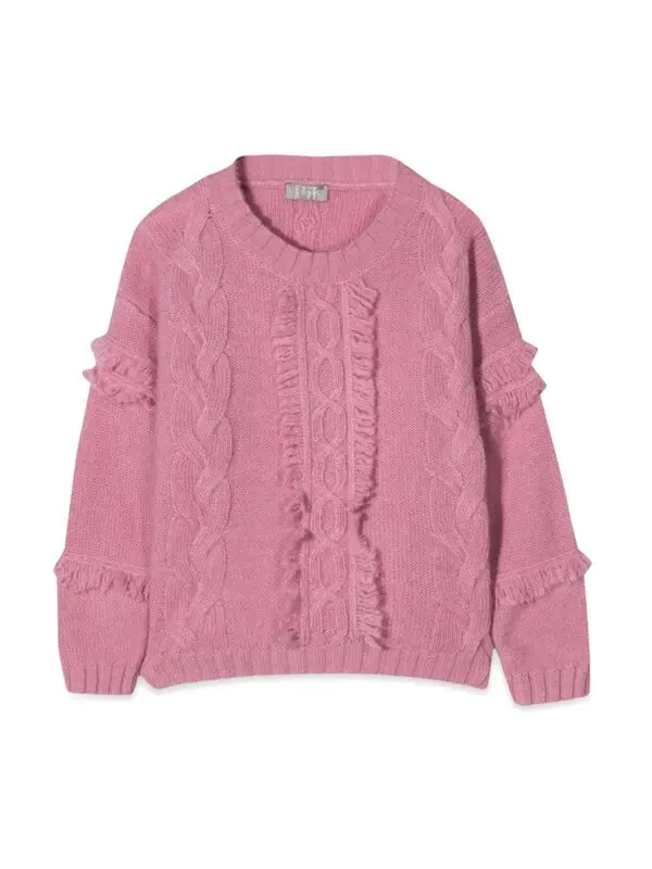 IL GUFO Girls' Wool Sweater With Cable Knit And Fringe Detail - Pink