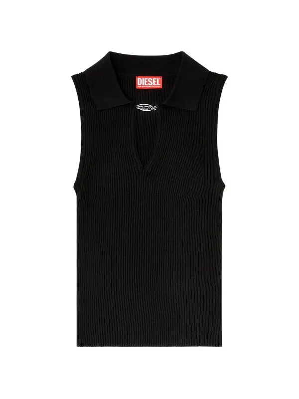 DIESEL® Sleeveless Ribbed Knit V-neck Top With Oval D-ring - Nero