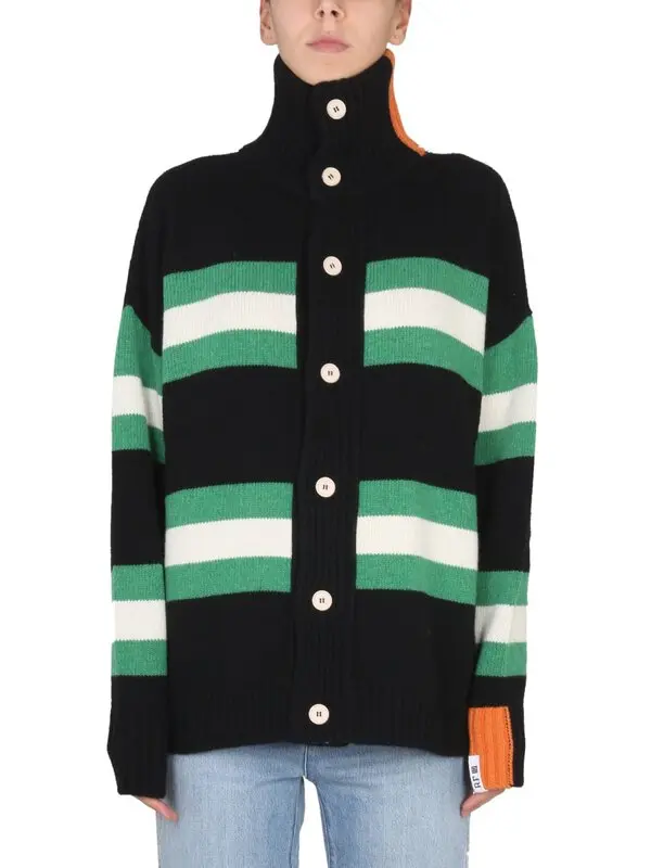 RIGHT FOR Striped Buttoned High Neck Cardigan - Multicolour