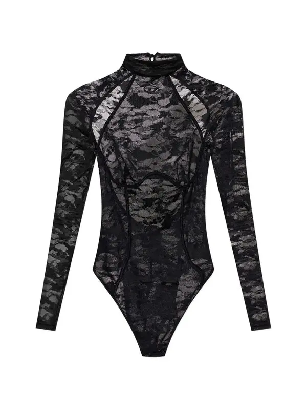 DIESEL® Black Lace Mock Neck Long Sleeve Bodysuit - Nero