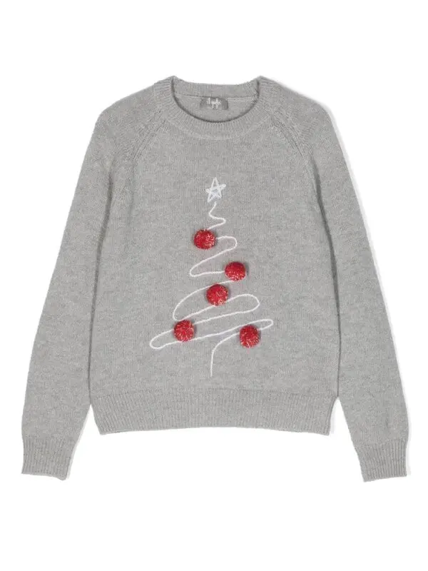 IL GUFO Girls' Christmas Tree Pullover - Grey