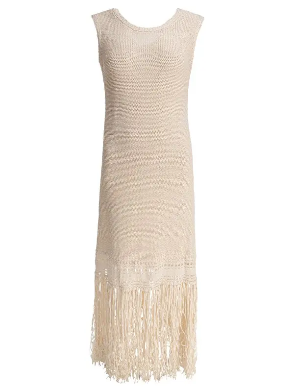 SANDBEIGE Short Sleeve Midi Dress With Fringe Hem - Beige