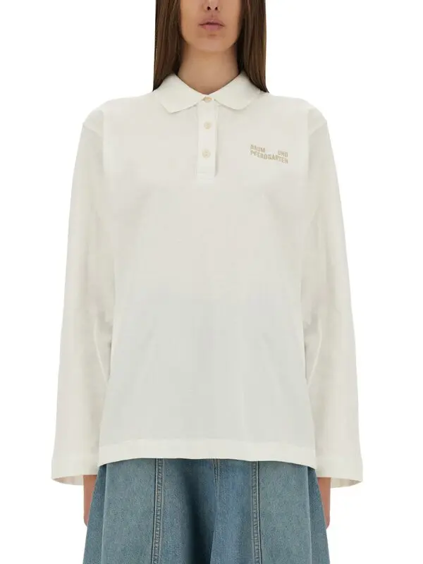 Baum Und Pferdgarten Long Sleeve Polo Shirt In Cotton - Ivory